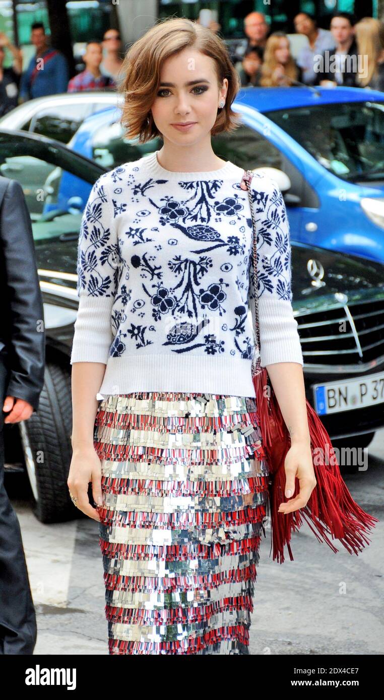 Lily Collins arriving to the Chanel Haute-Couture Fall-Winter 2014-2015 ...