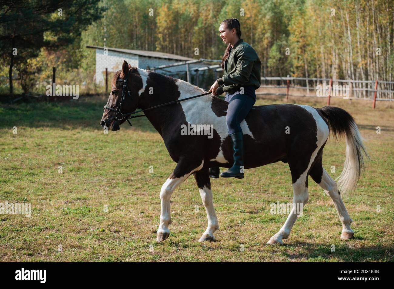 Cute girl-rider rides her fast horse on the territory of the ranch ...