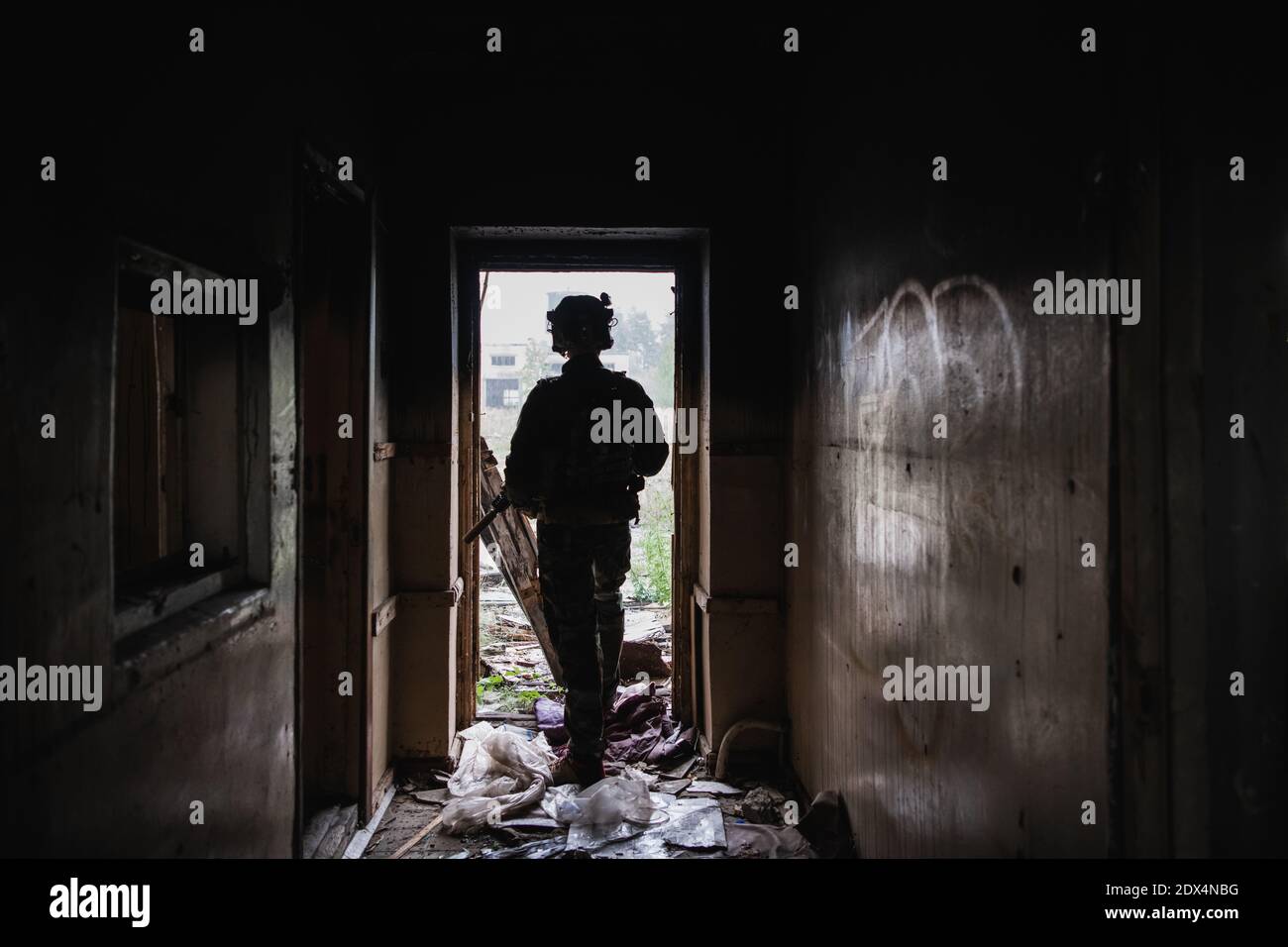Military men with arms defending the building. Soldier stand guard ...