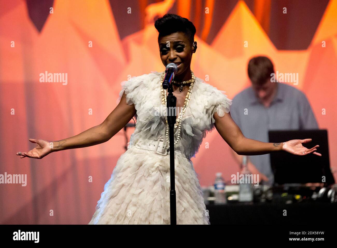 British group Morcheeba, Skye Edwards (singer) performs at Theatre de ...