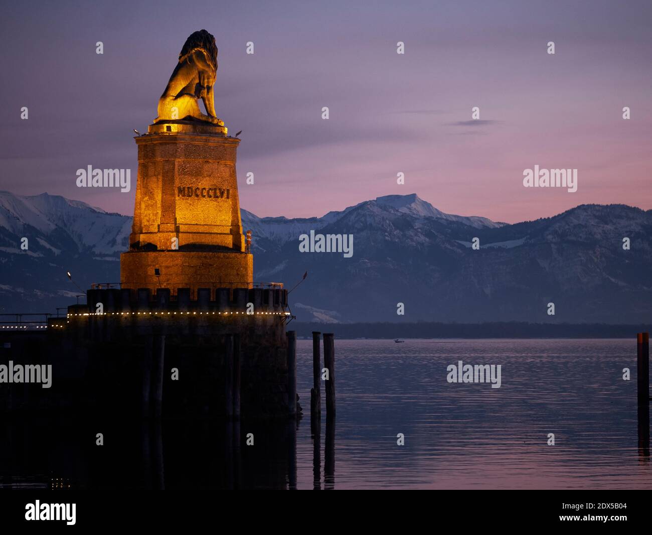 Harbour of Lindau in Evening Light with Illuminated Bavarian Lion and ...