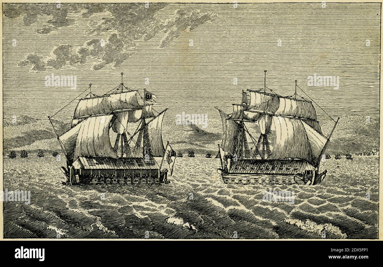Engraving of the larboard and starboard sides of Spanish battering ...