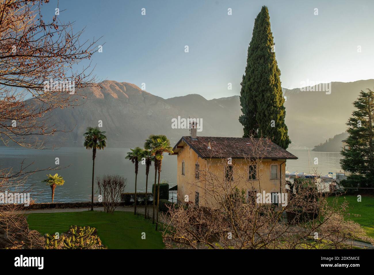 Amazing landscape on lake Como at winter: palm trees and some villa ...