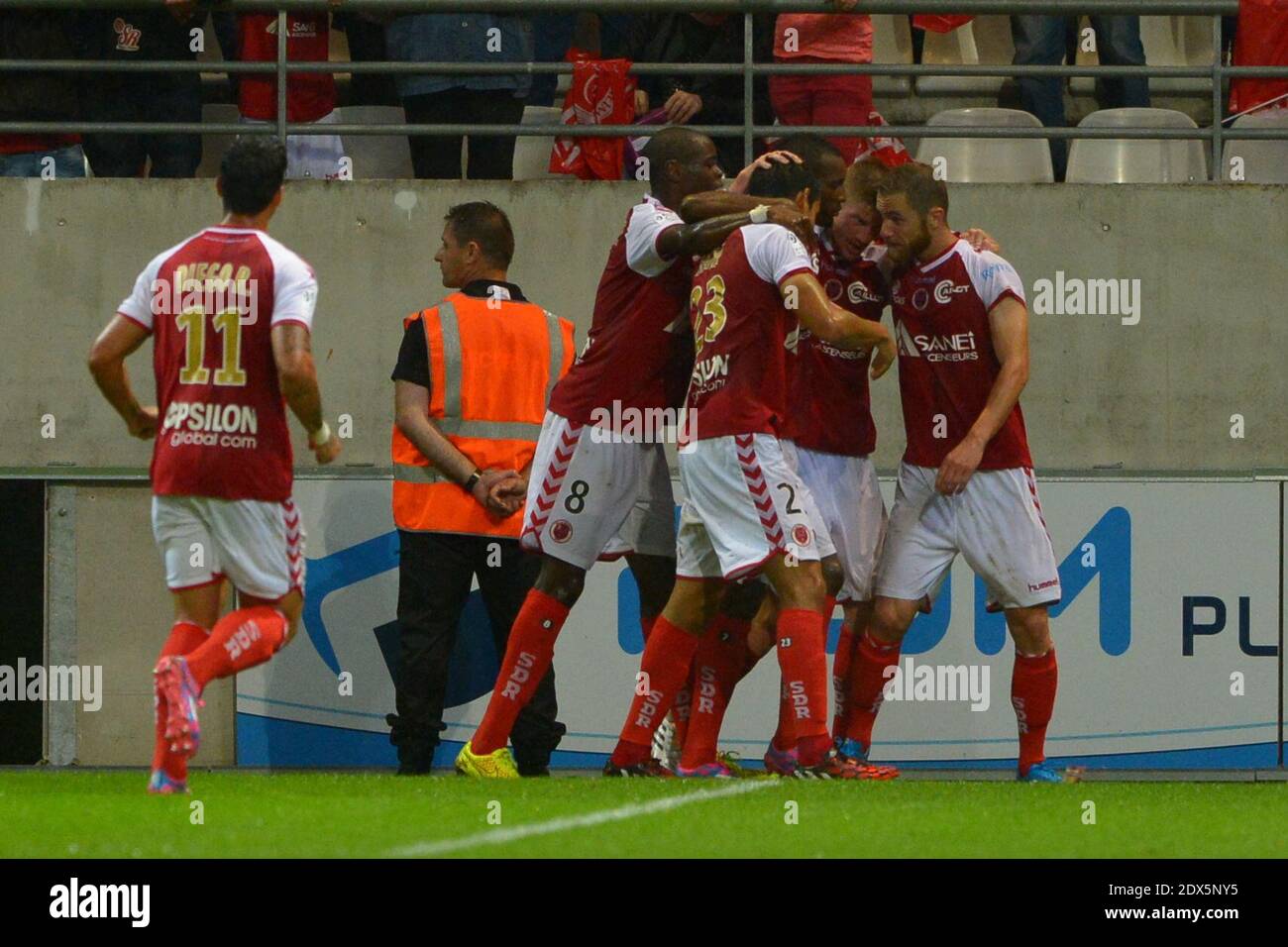 Reims celebrating after Antoine Devaux scores the 2-1 goal during the ...