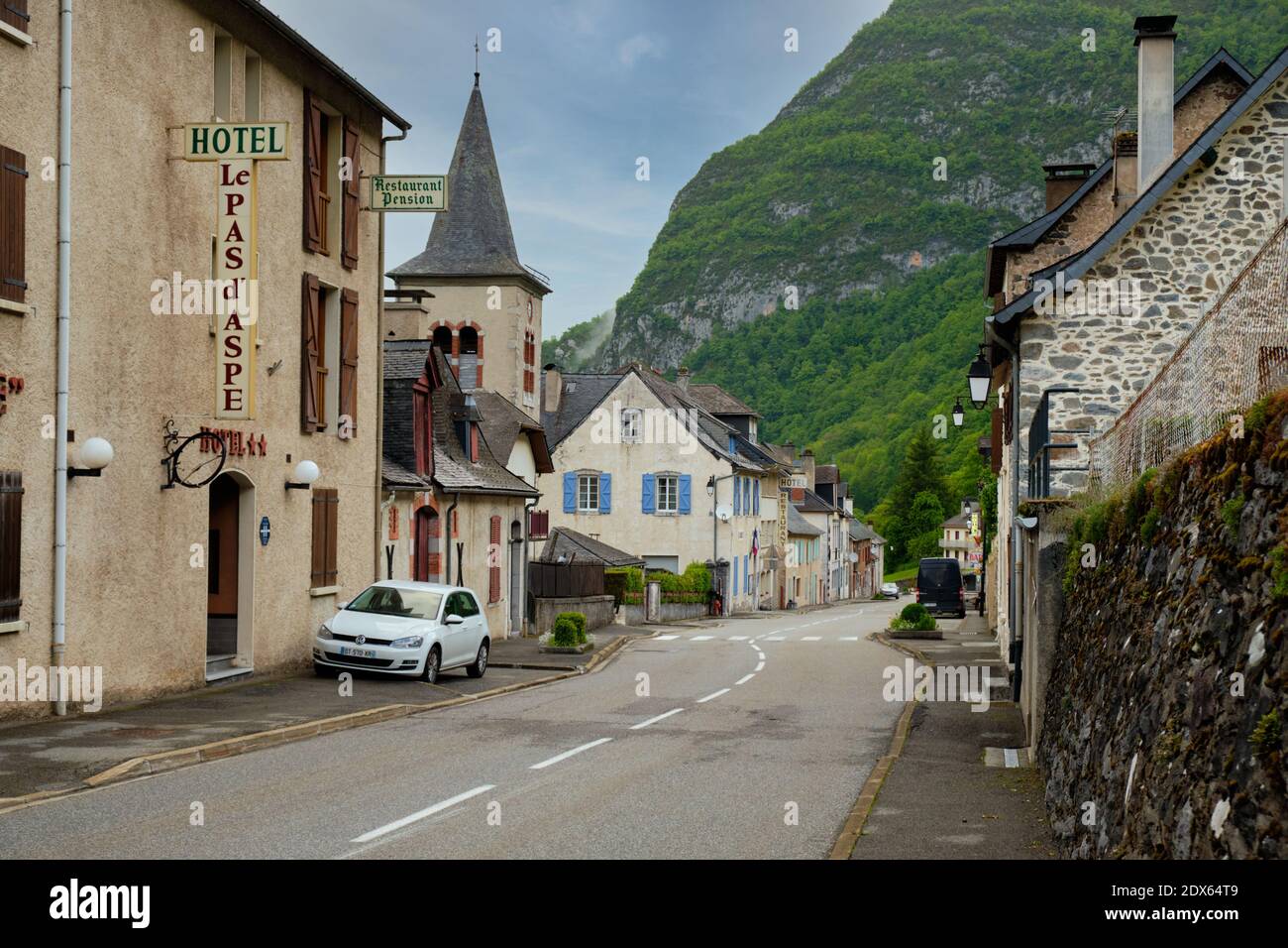 Main street of Urdos, France the last village on main road to the Col ...