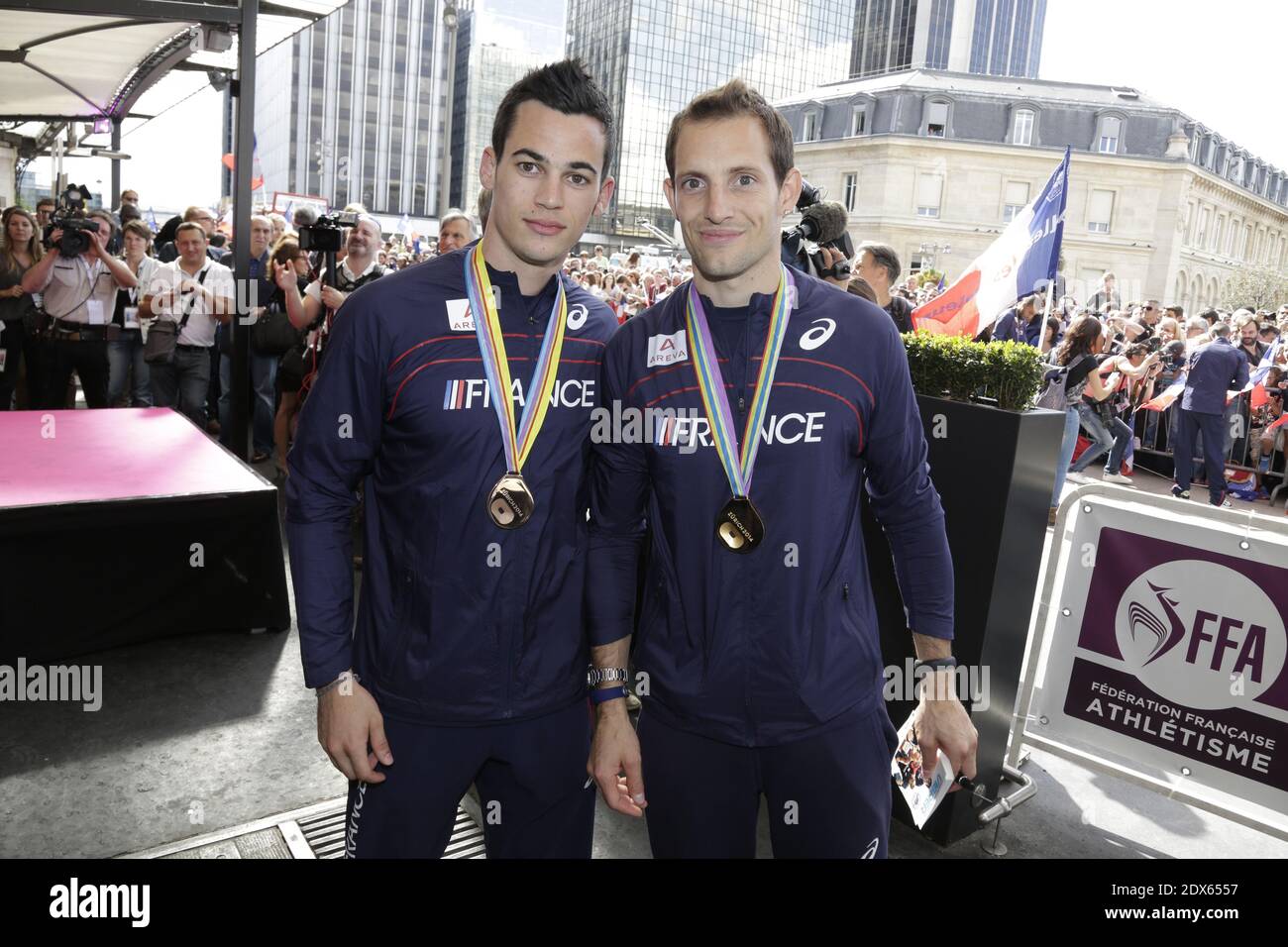French Athletes Kevin Menaldo and Renaud Lavillenie arriving at Gare de ...