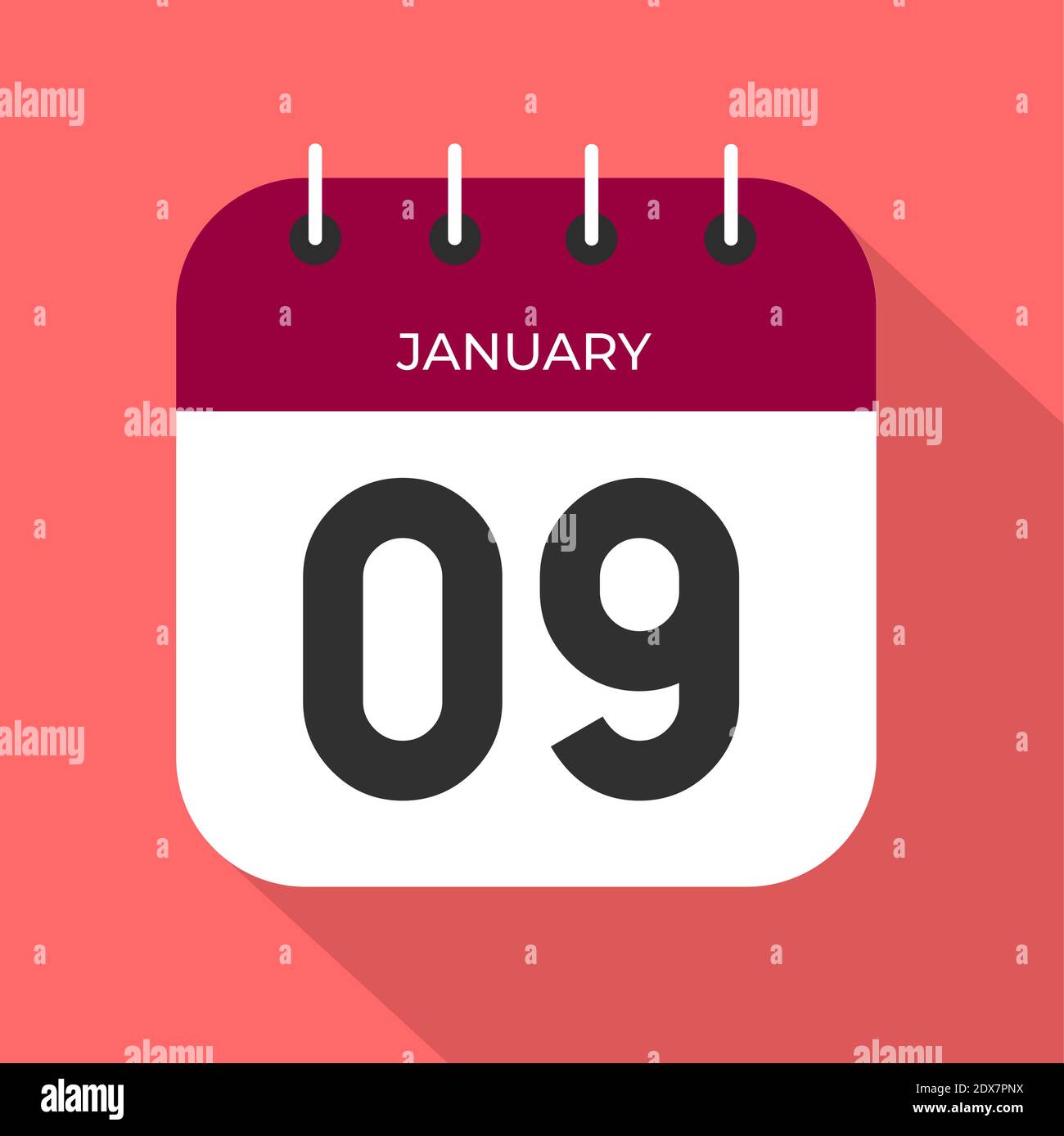 Calendar day 9. Number nine on a white paper with wine color border on ...