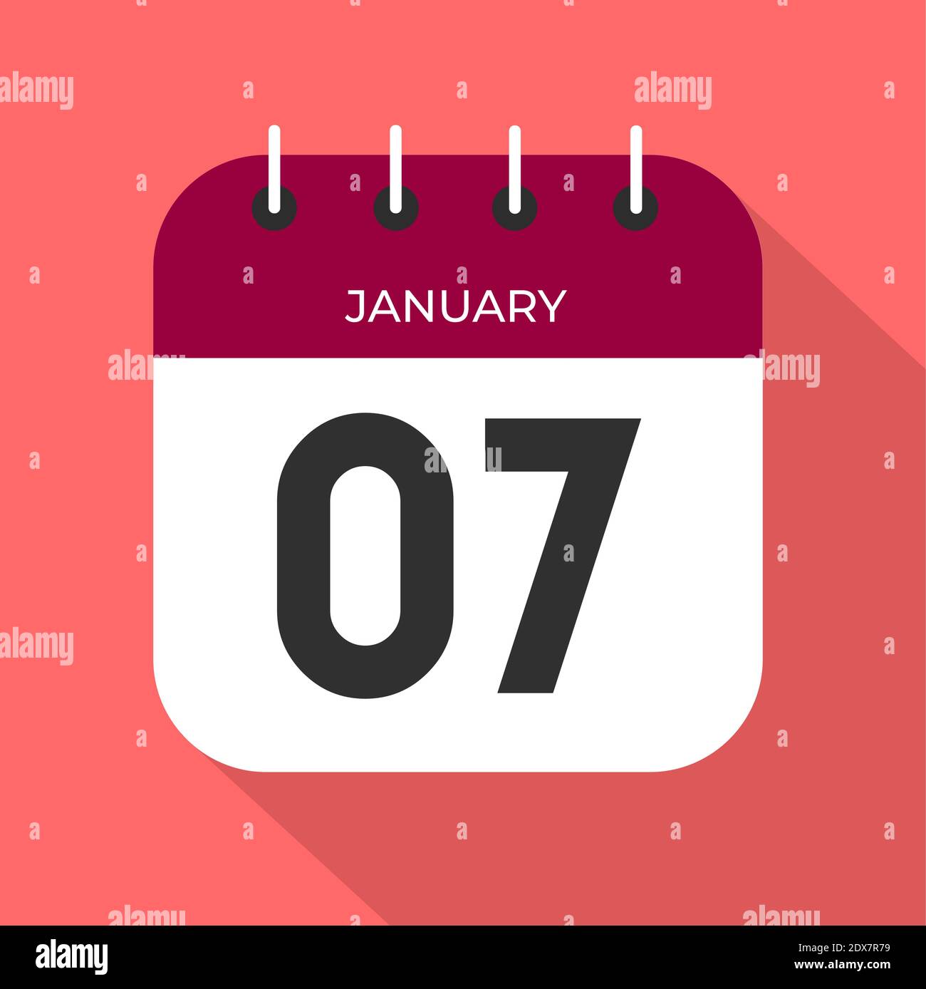 Calendar day 7. Number seven on a white paper with wine color border on ...