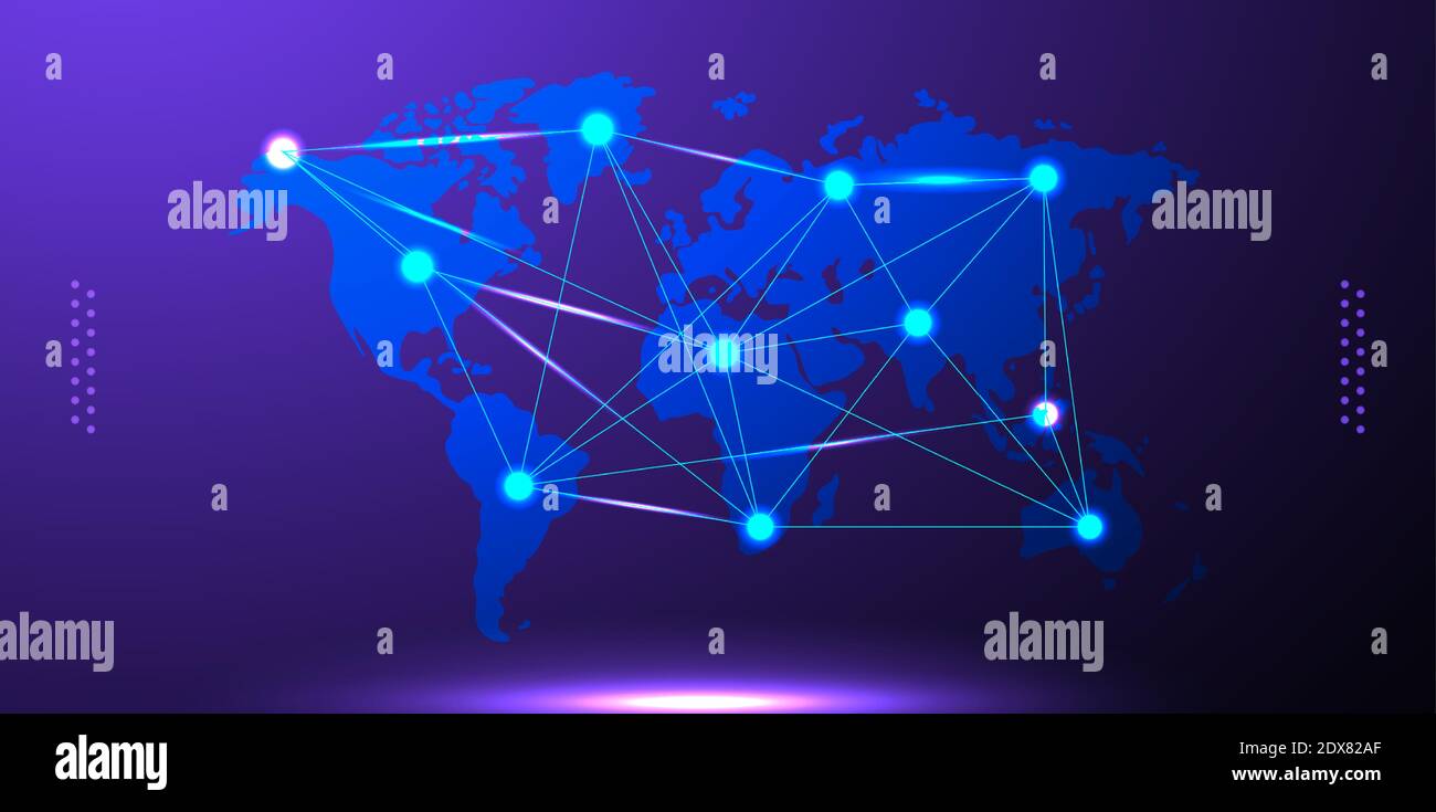 A low-poly map of the world. A grid of lines and points. Blue ...