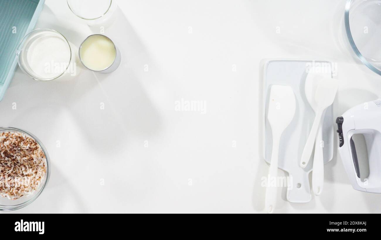 Flat lay. Ingredients on the kitchen counter to prepare homemade ...