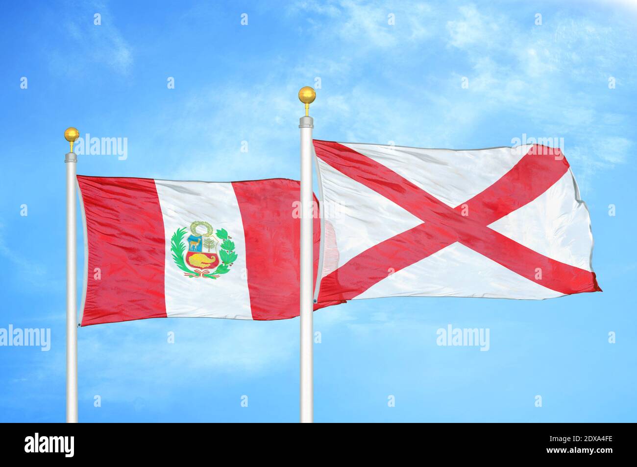 Peru and Northern Ireland two flags on flagpoles and blue sky Stock ...