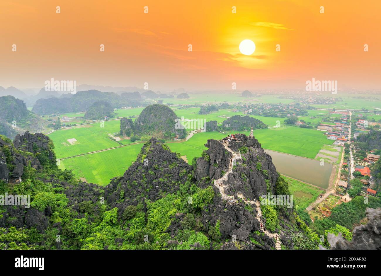 Sunset mountain viewpoint looking down valley, Stunning view area with ...