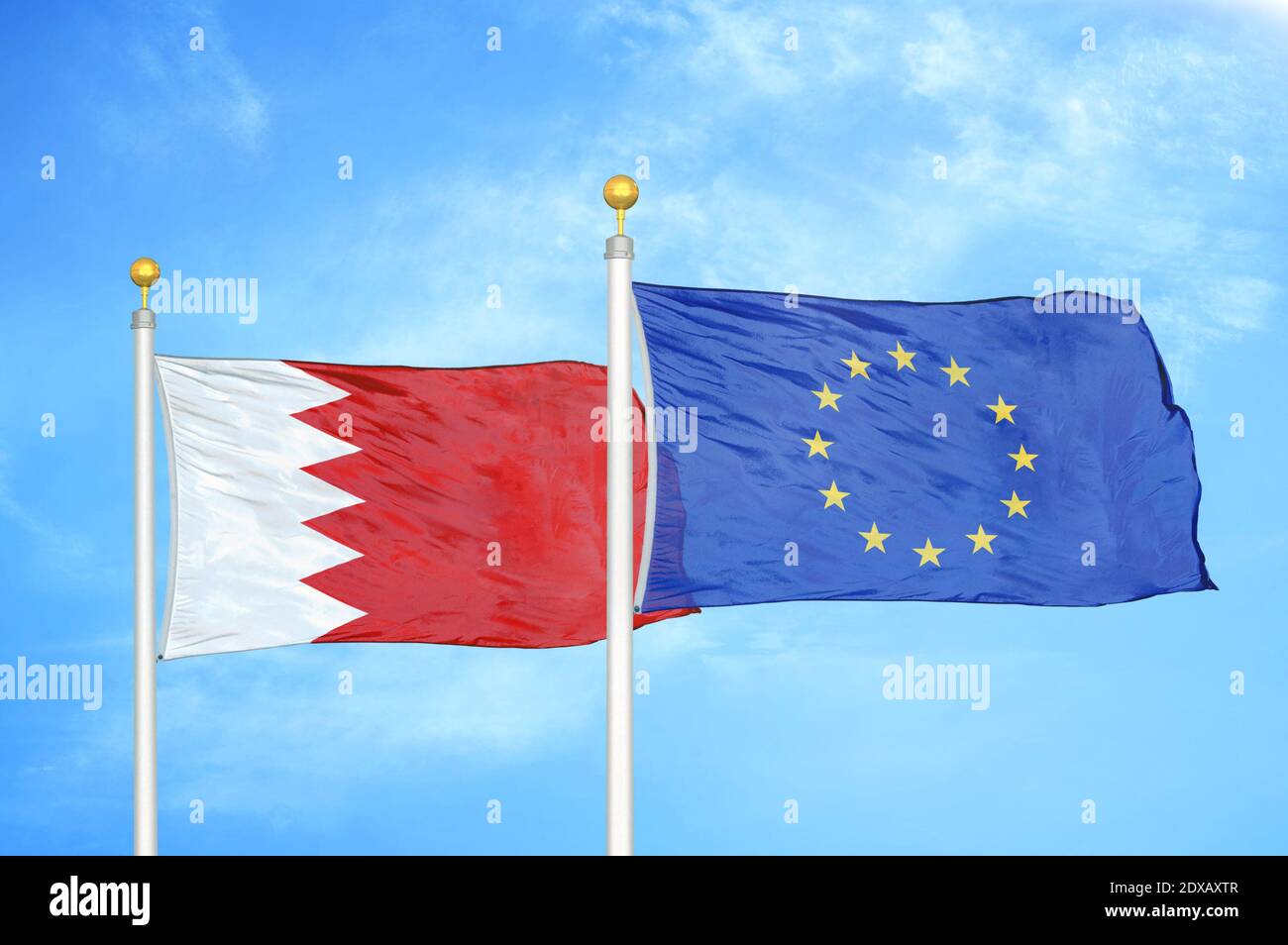 Bahrain and European Union two flags on flagpoles and blue sky Stock ...