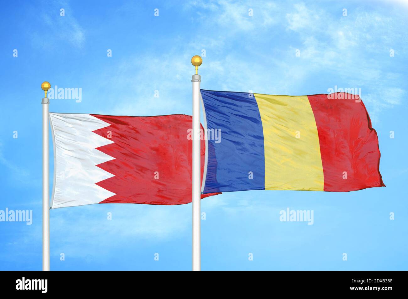 Bahrain and Romania two flags on flagpoles and blue sky Stock Photo - Alamy
