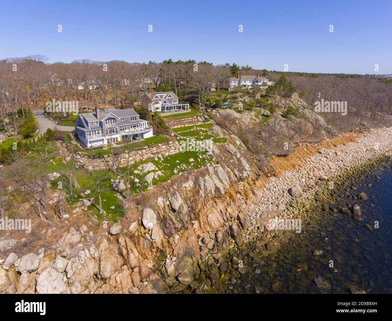 Historic coastal buildings aerial view on Gloucester Harbor in village of Magnolia in Gloucester ...