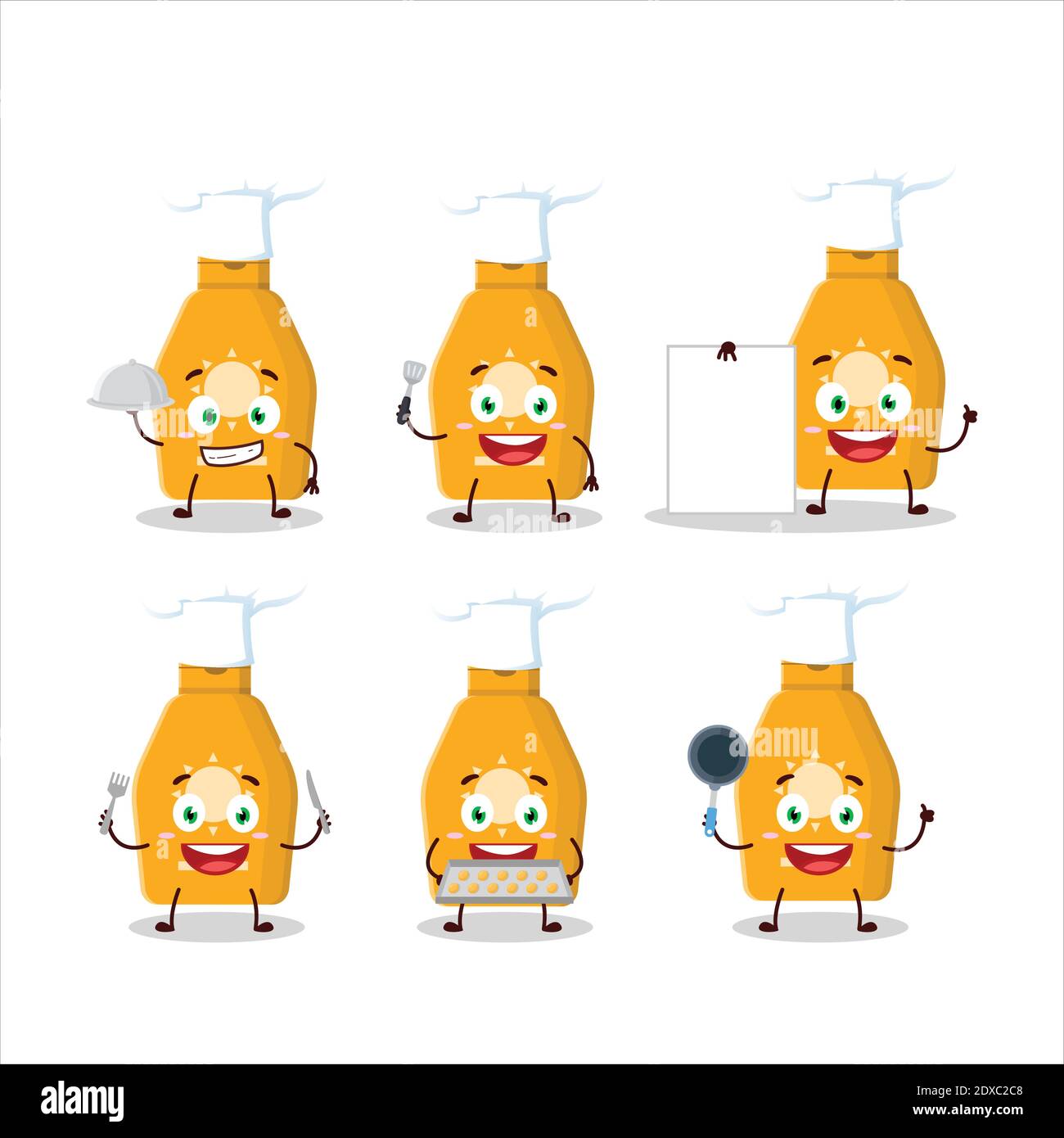 Cartoon character of lotion sunblock with various chef emoticons ...