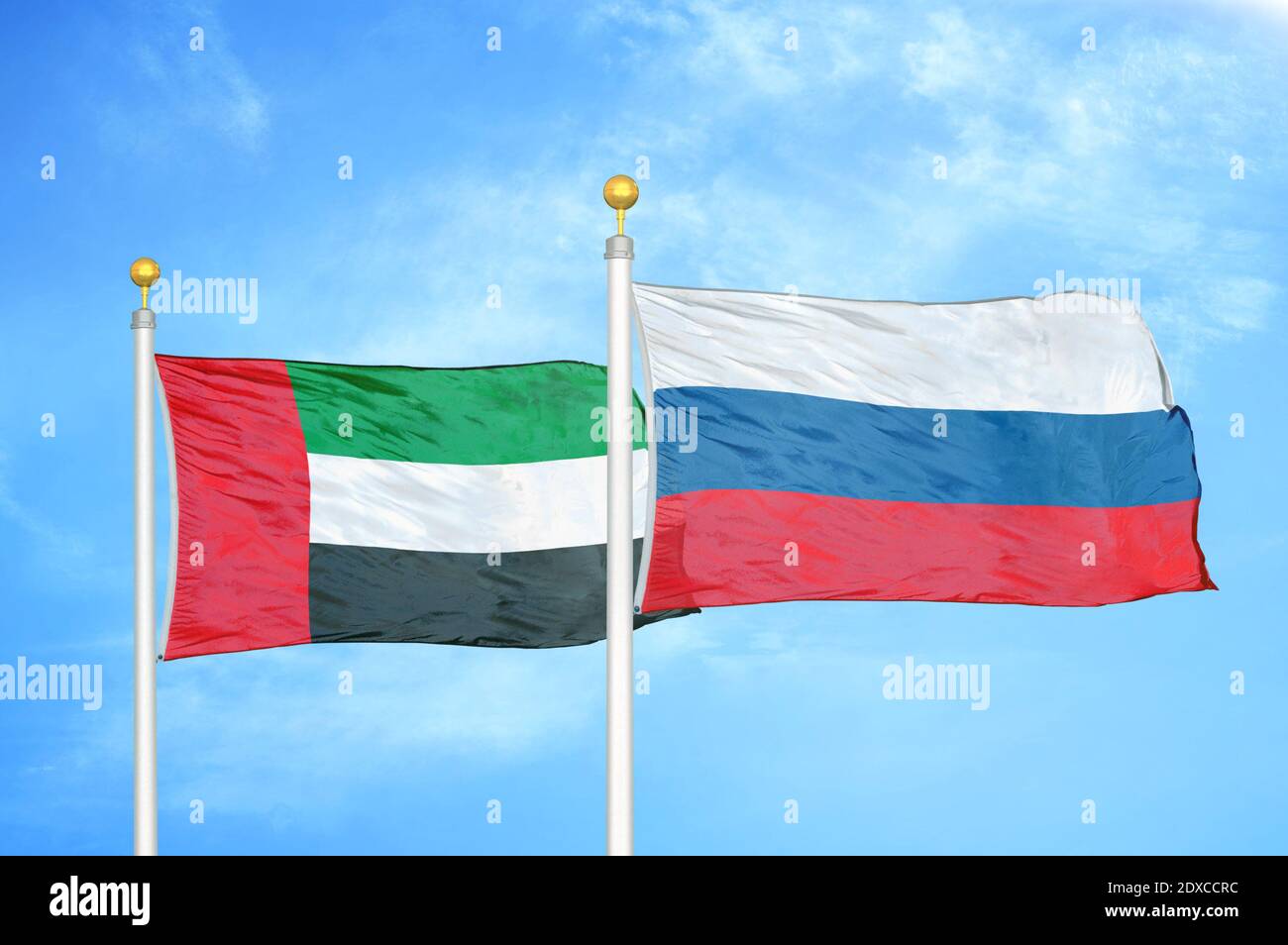 United Arab Emirates and Russia two flags Stock Photo - Alamy