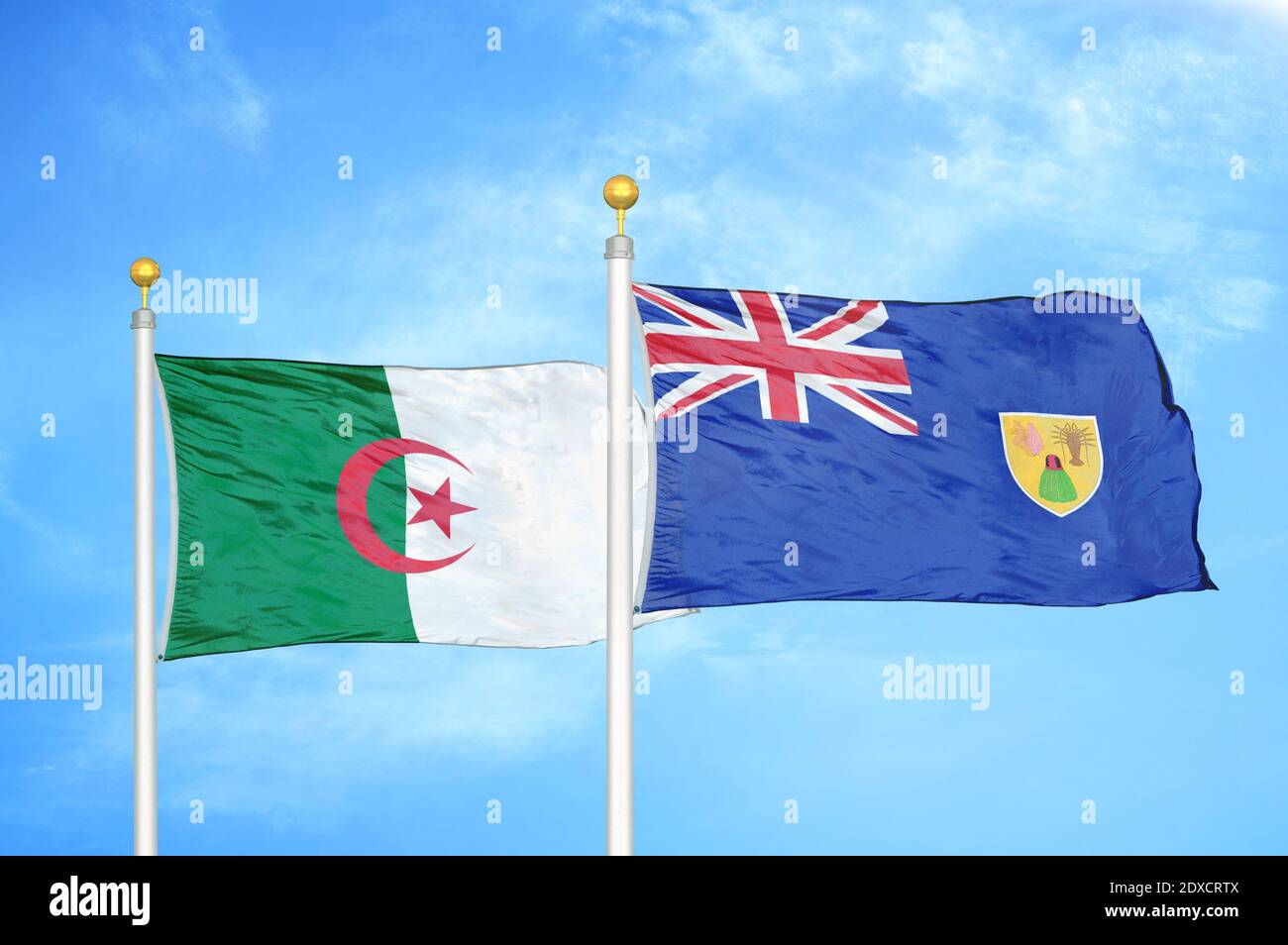 Algeria and Turks and Caicos Islands two flags on flagpoles and blue ...