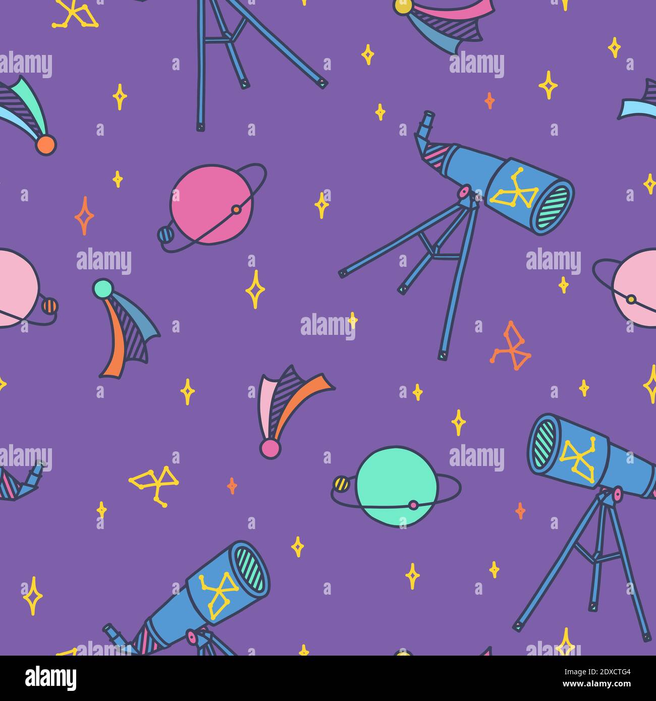 Space doodle with telescope, planets, moon, stars and comets. Outer ...