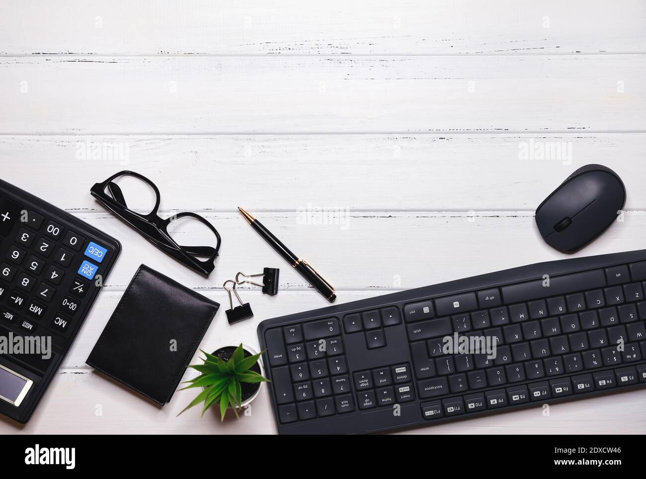 Elegant workspace with business accessories on white background Stock ...