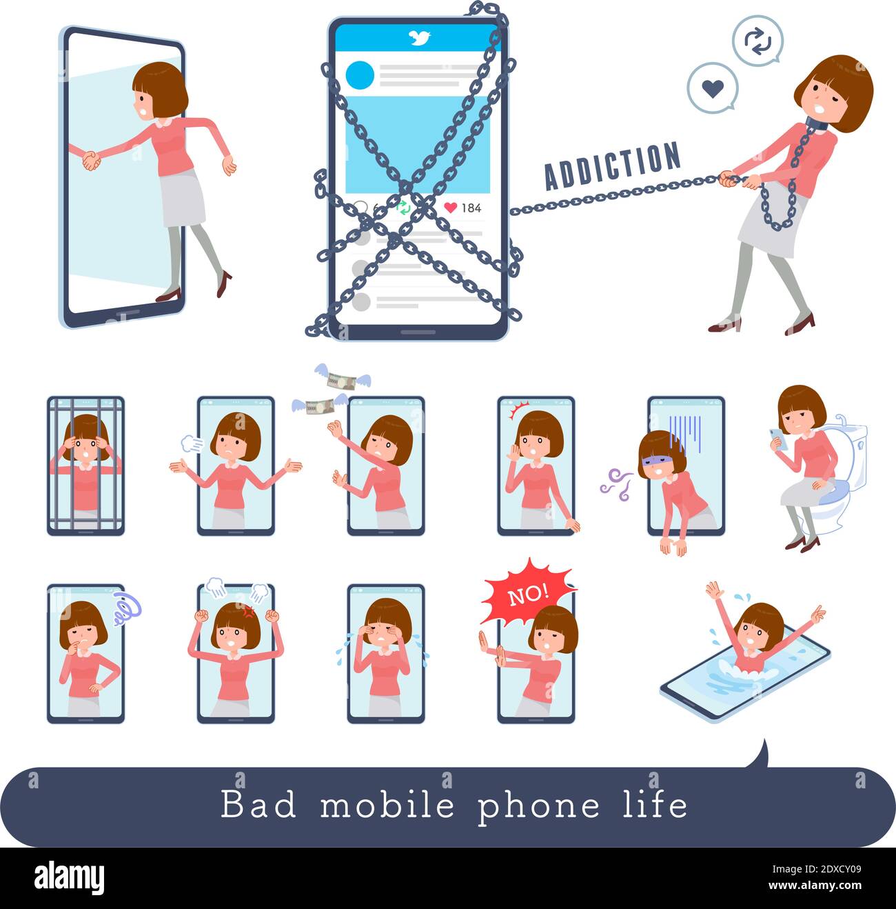 A set of women struggling with Mobile and SNS.It's vector art so easy ...