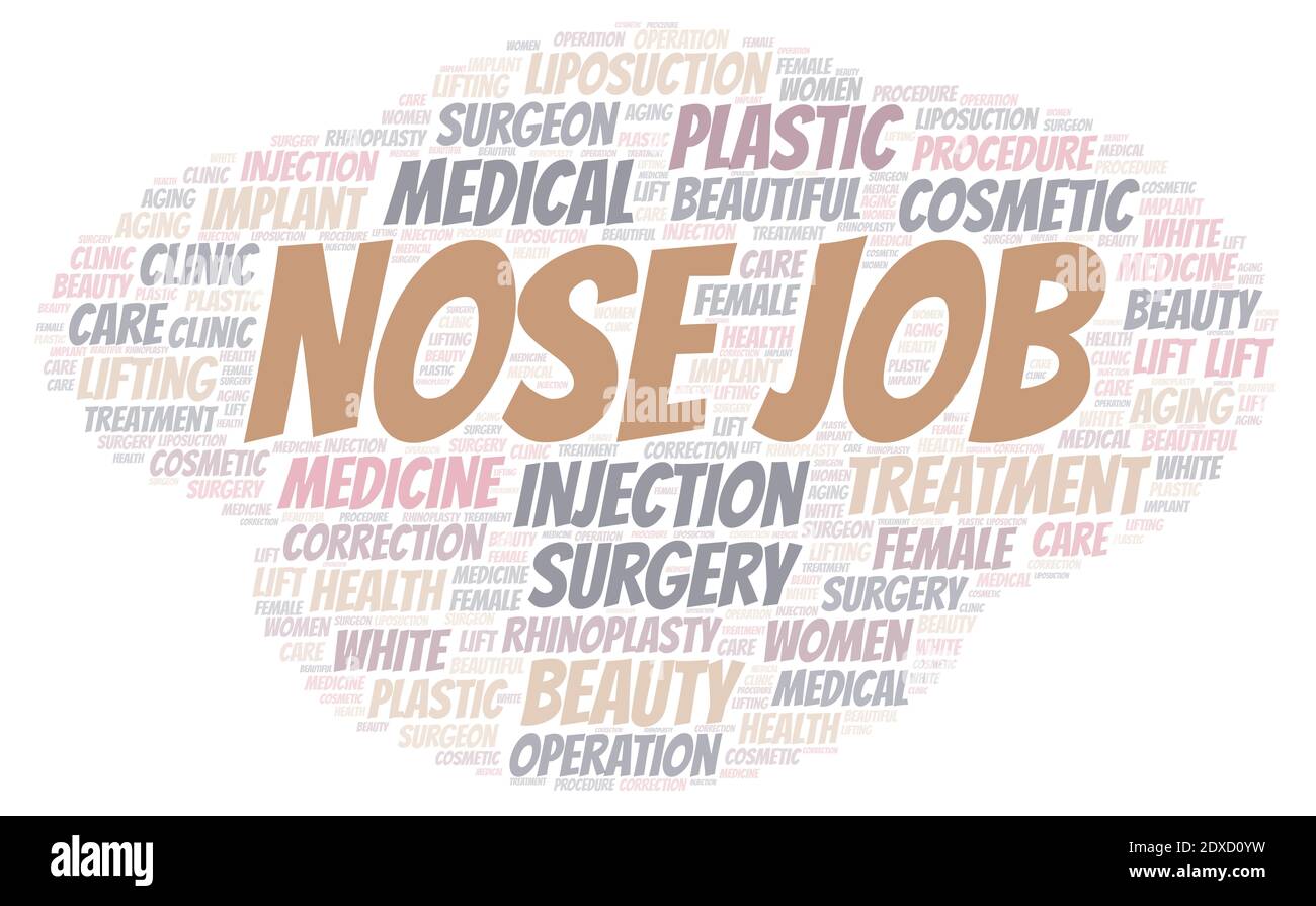 Nose Job typography word cloud create with text only. Type of plastic ...