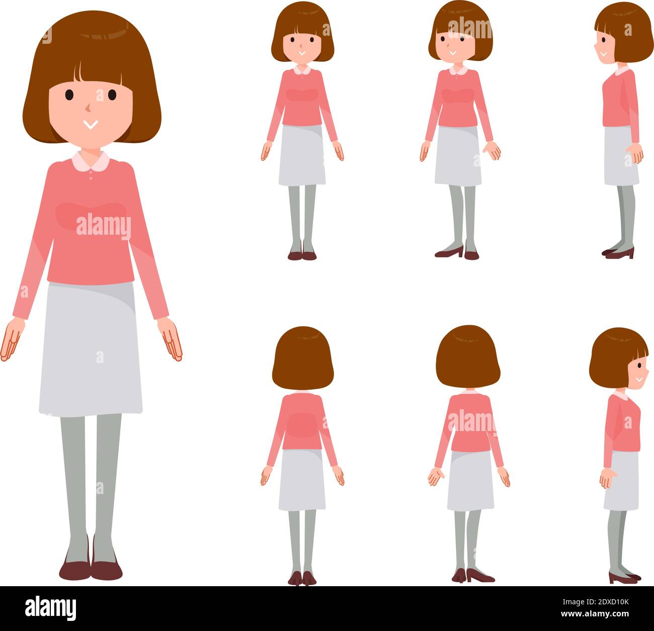 A set of women standing.Front, side and back angles.It's vector art so ...