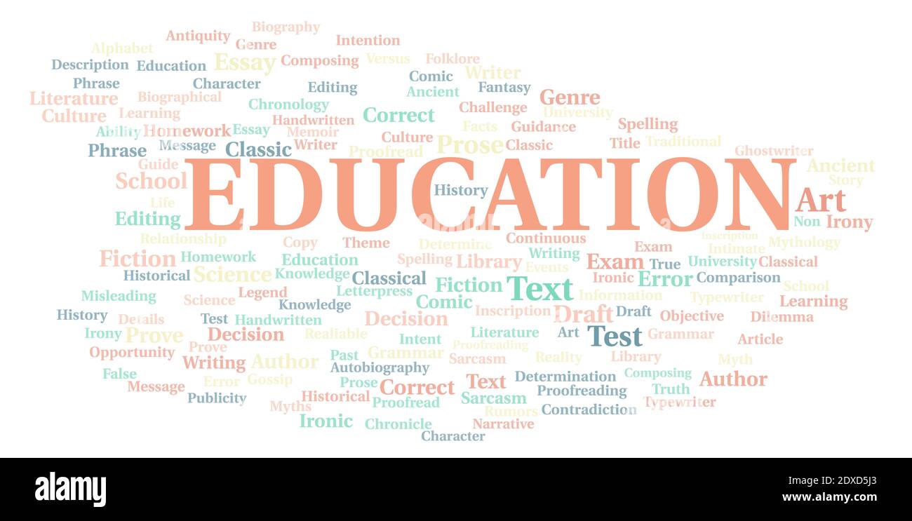 Education typography word cloud create with text only Stock Photo - Alamy