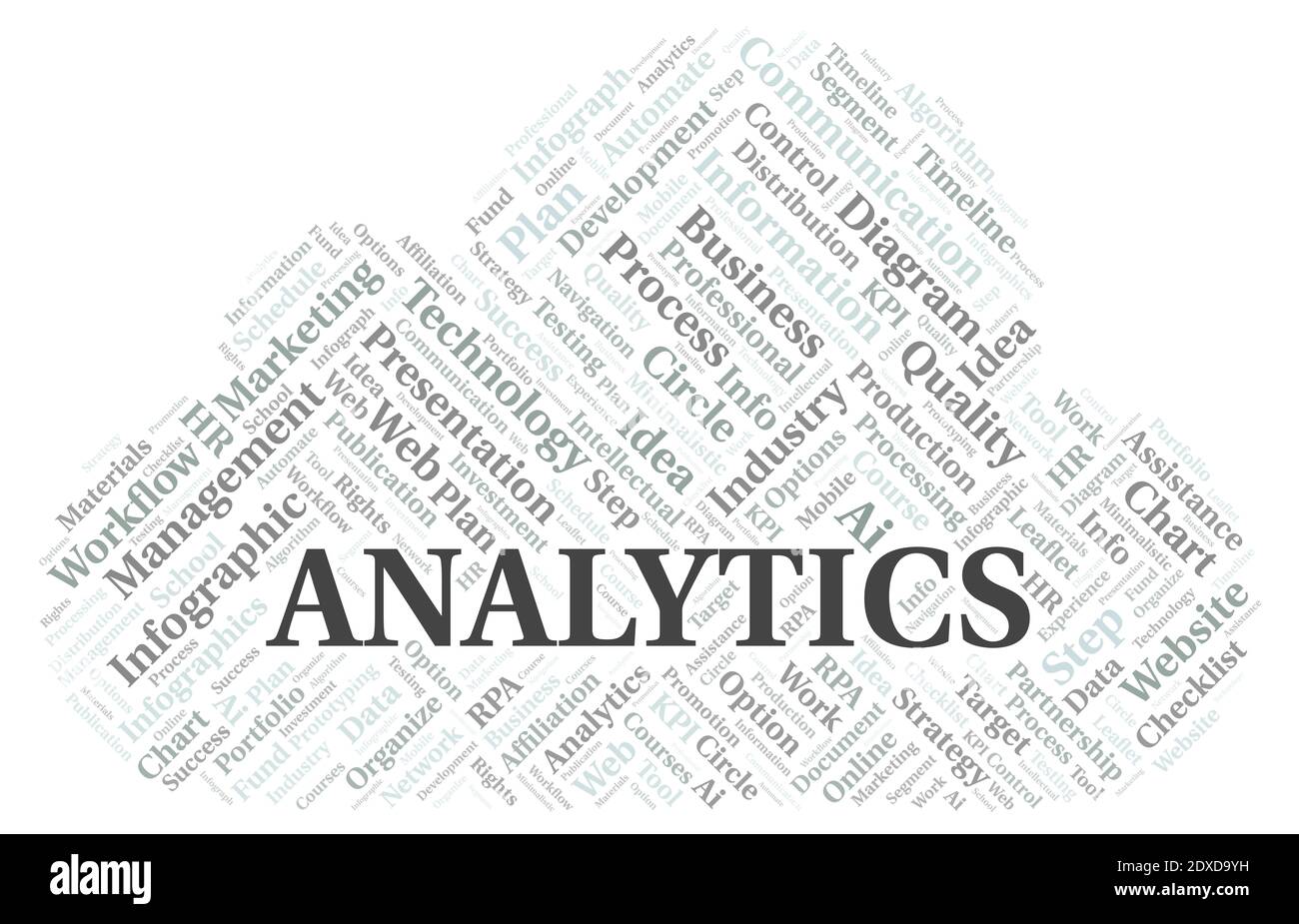 Analytics typography word cloud create with text only Stock Photo - Alamy
