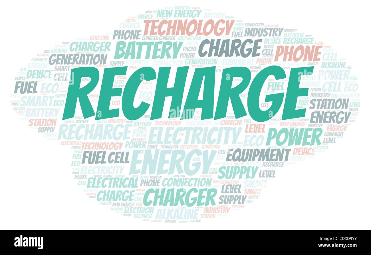 Recharge typography word cloud create with text only Stock Photo - Alamy