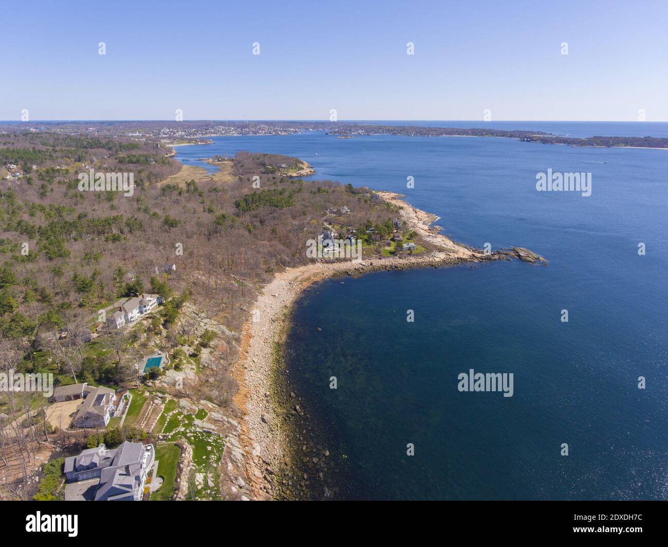 Historic coastal buildings aerial view on Gloucester Harbor in village of Magnolia in Gloucester ...