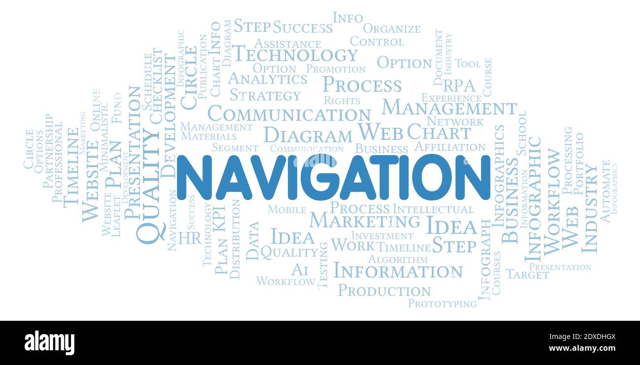 Navigation typography word cloud create with text only Stock Photo - Alamy