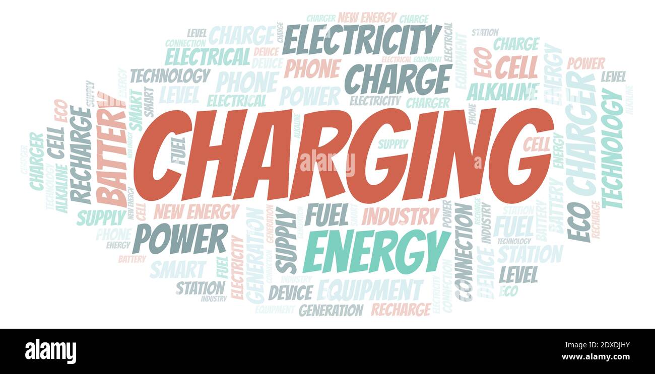 Charging typography word cloud create with text only Stock Photo - Alamy