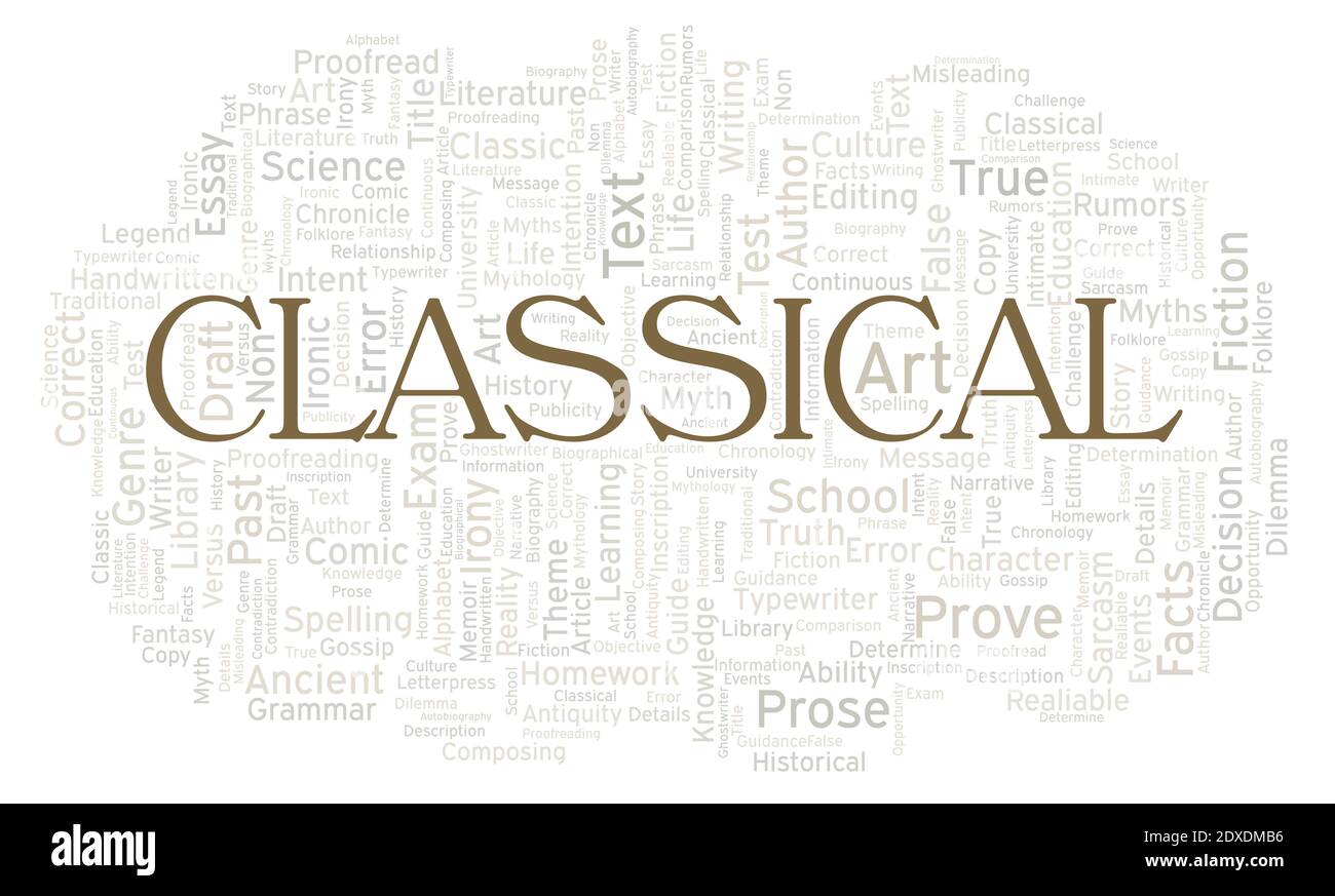 Classical typography word cloud create with text only Stock Photo - Alamy