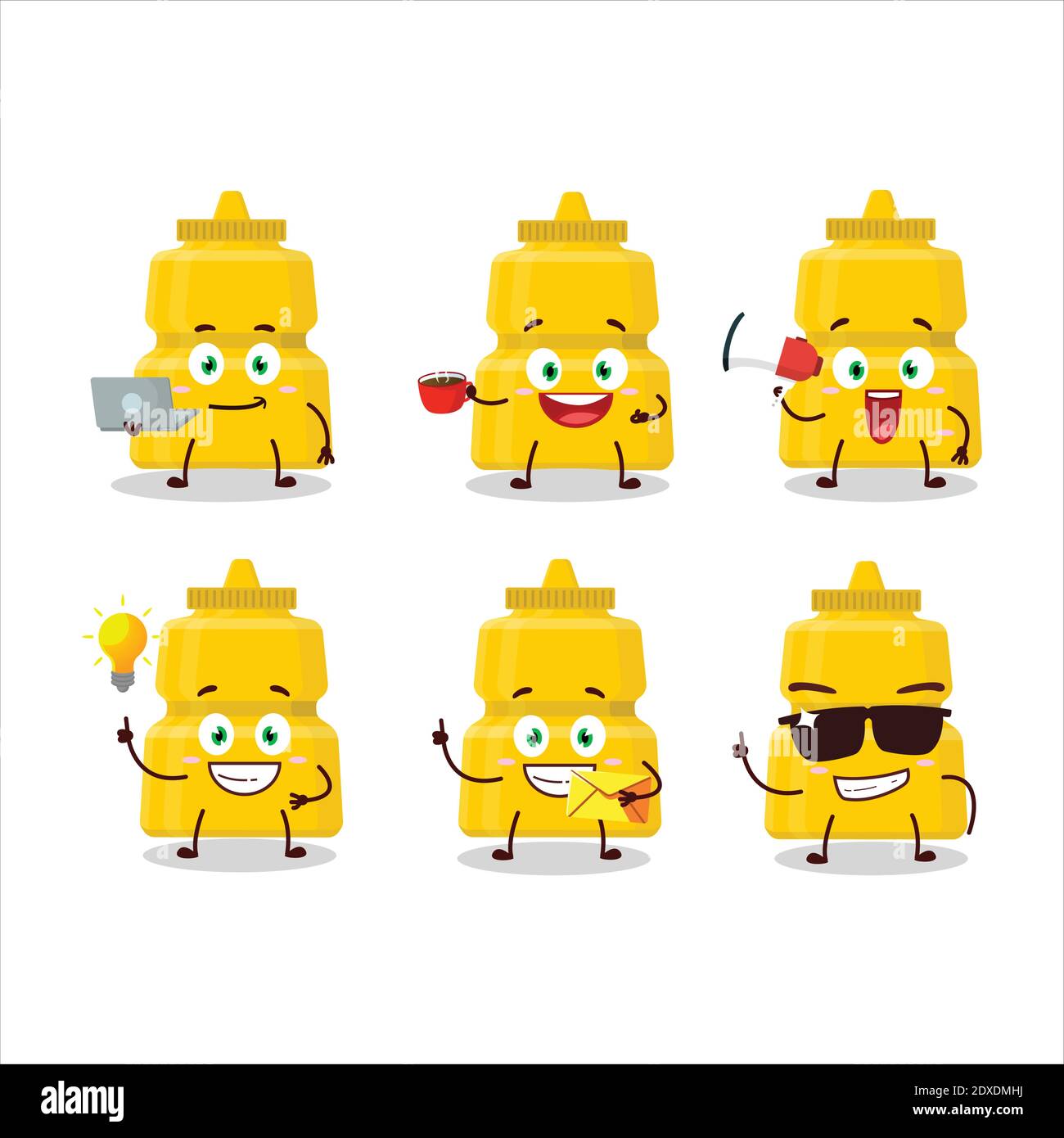 Mustard cartoon character with various types of business emoticons ...