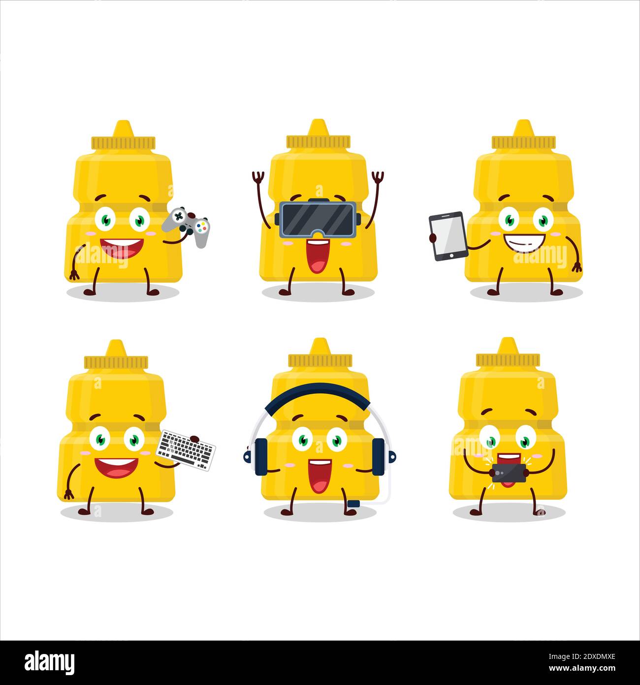 Mustard cartoon character are playing games with various cute emoticons ...