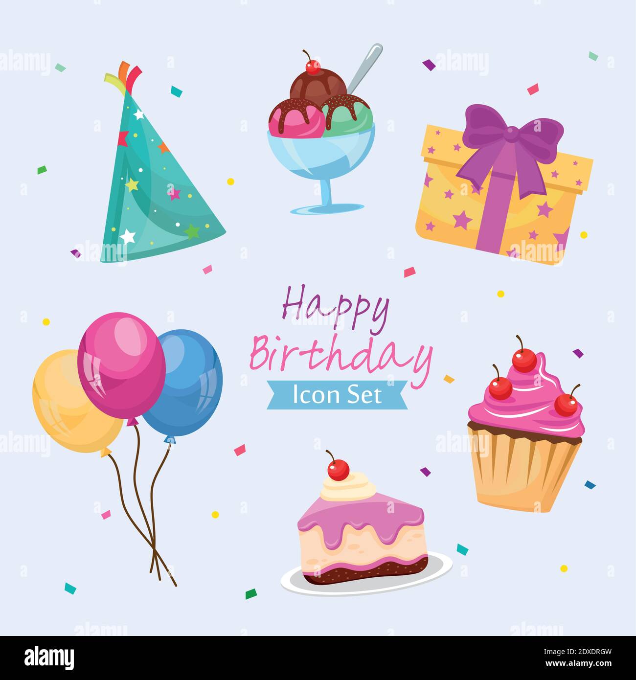 bundle of six party birthday set icons and lettering Stock Vector Image ...
