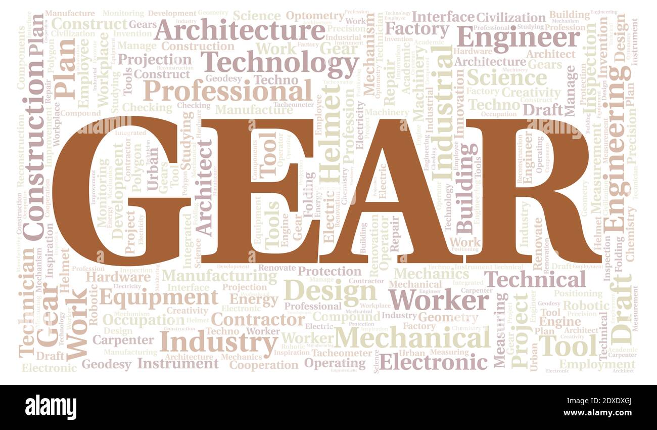 Gear typography word cloud create with text only Stock Photo - Alamy