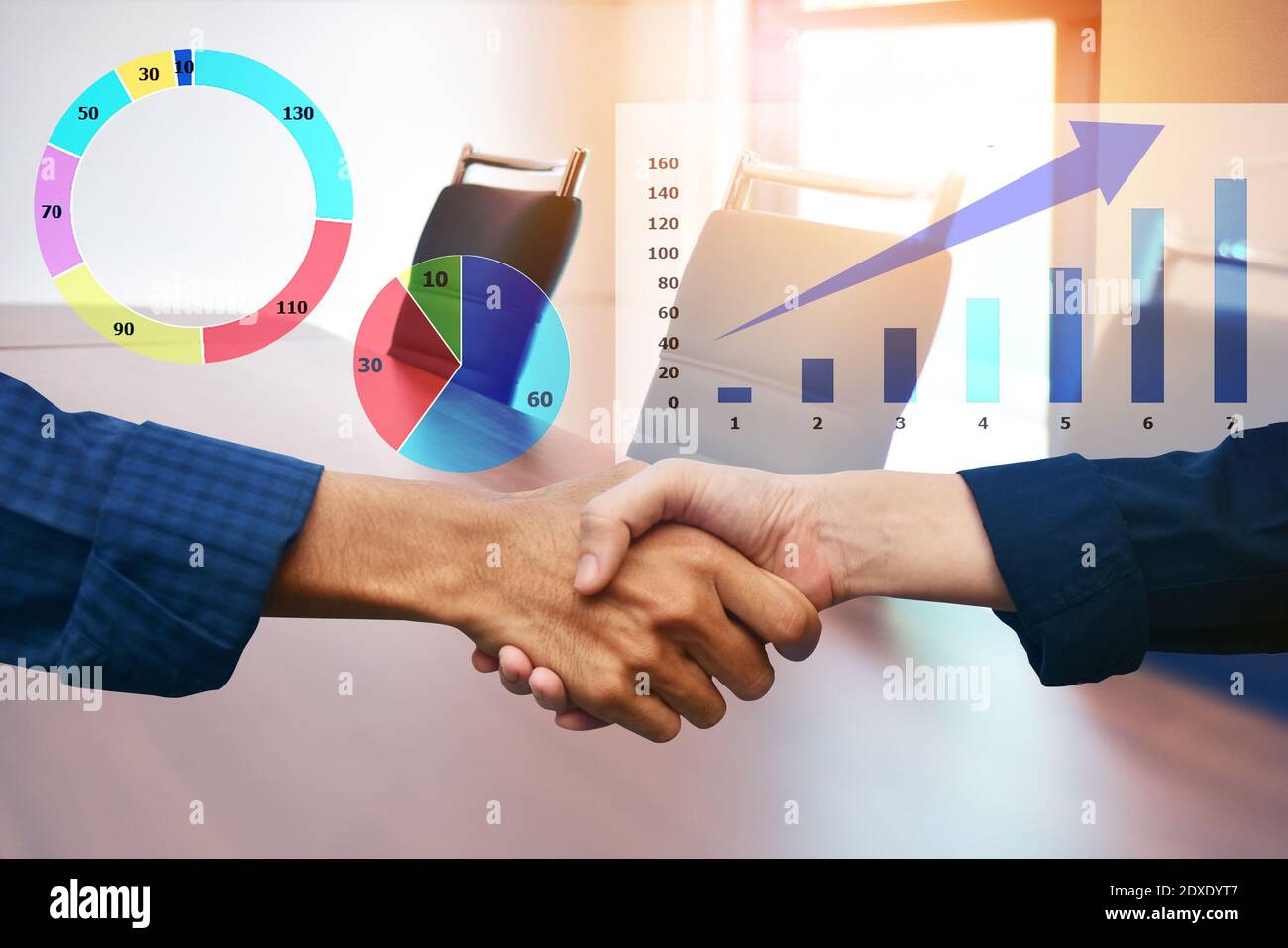 Business people hand shake success meeting marketing plan and graph ...