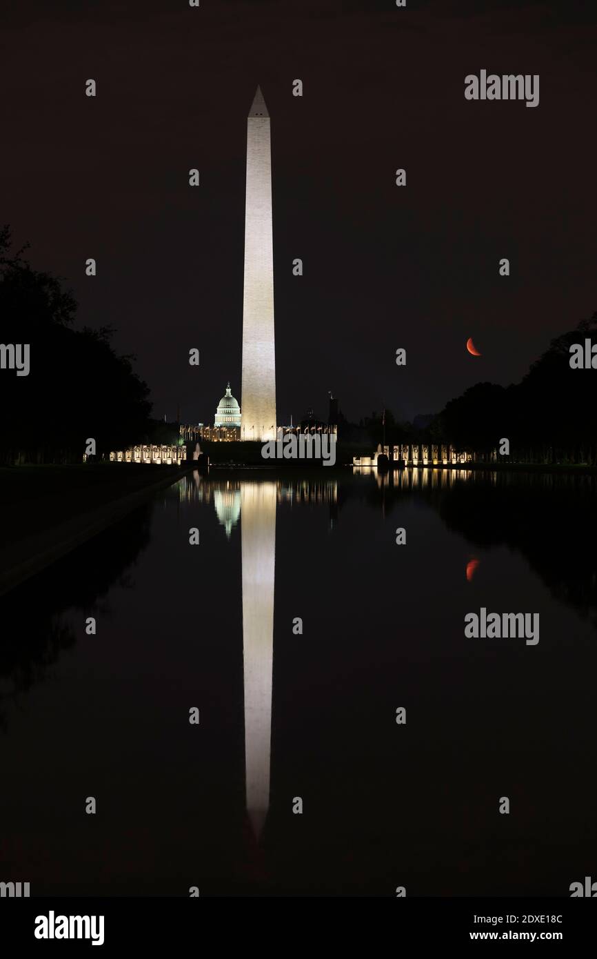 USA, Washington DC, Washington Monument reflecting in Lincoln Memorial ...