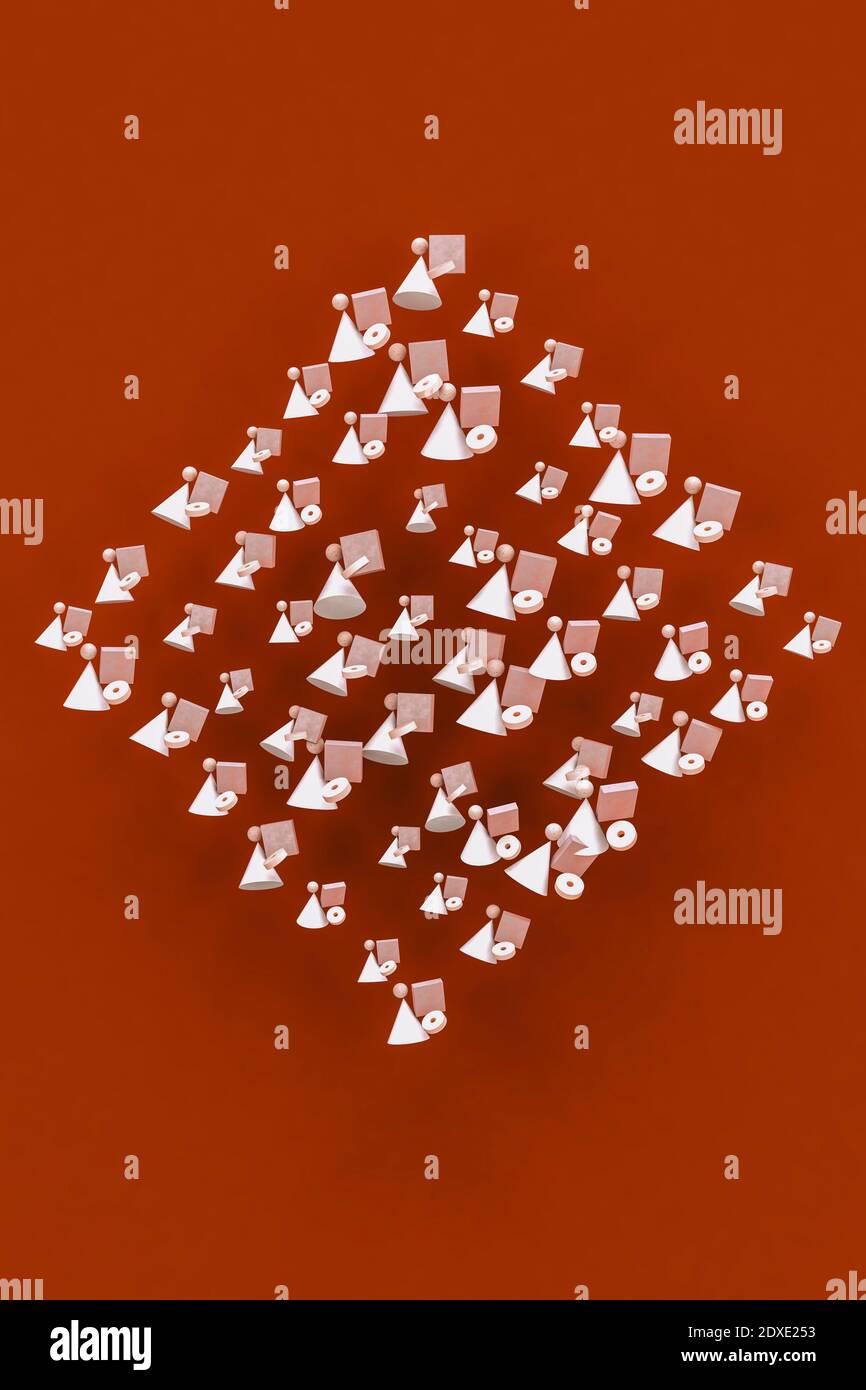 Square formed by various geometric shapes hovering against red ...