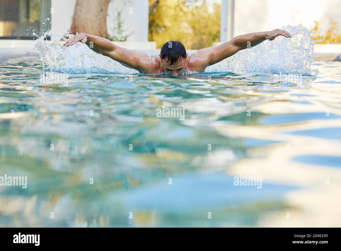 Young man doing butterfly stroke in swimming pool Stock Photo - Alamy