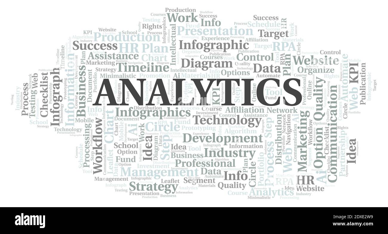 Analytics typography word cloud create with text only Stock Photo - Alamy