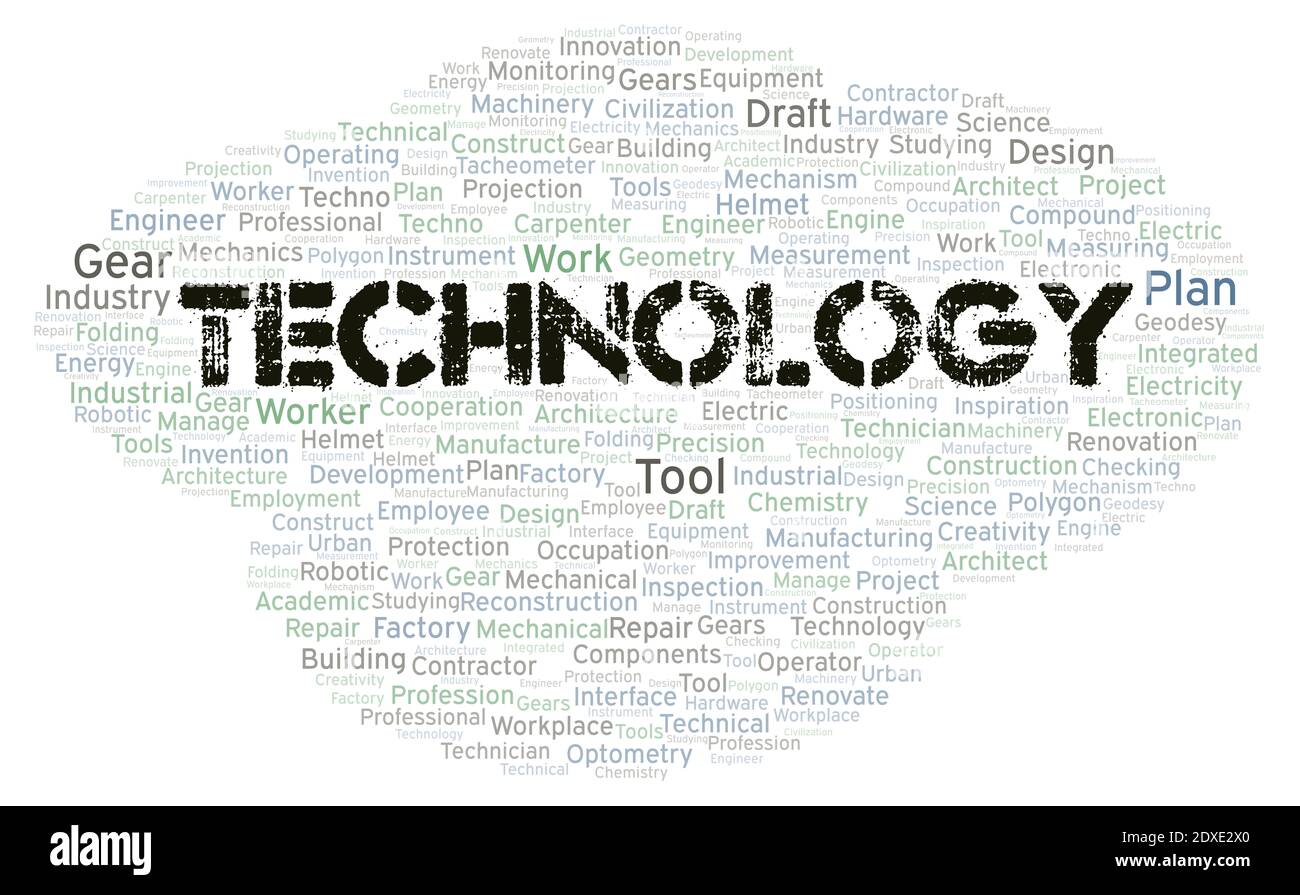 Technology typography word cloud create with text only Stock Photo - Alamy