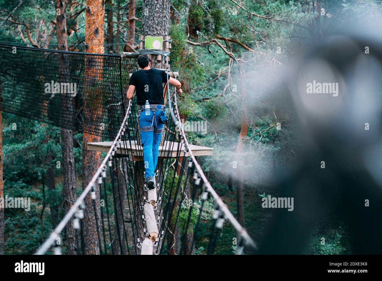 Young man crossing rope bridge in adventure park Stock Photo - Alamy