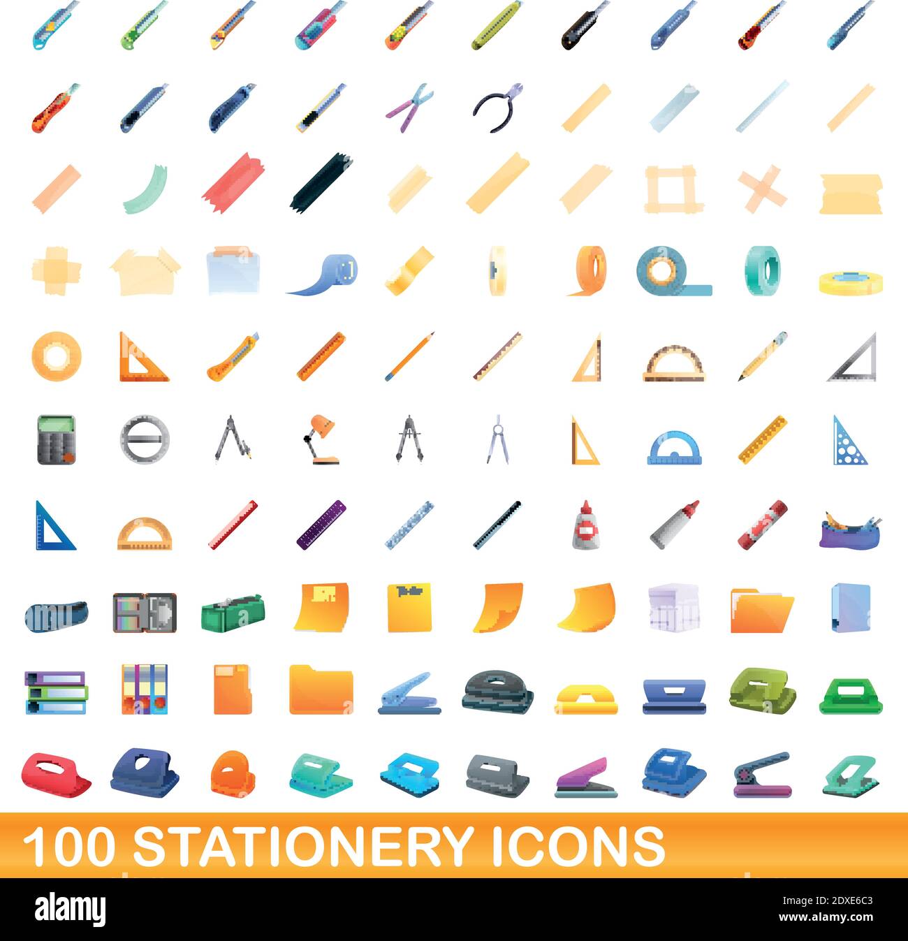 100 stationery icons set. Cartoon illustration of 100 stationery icons ...