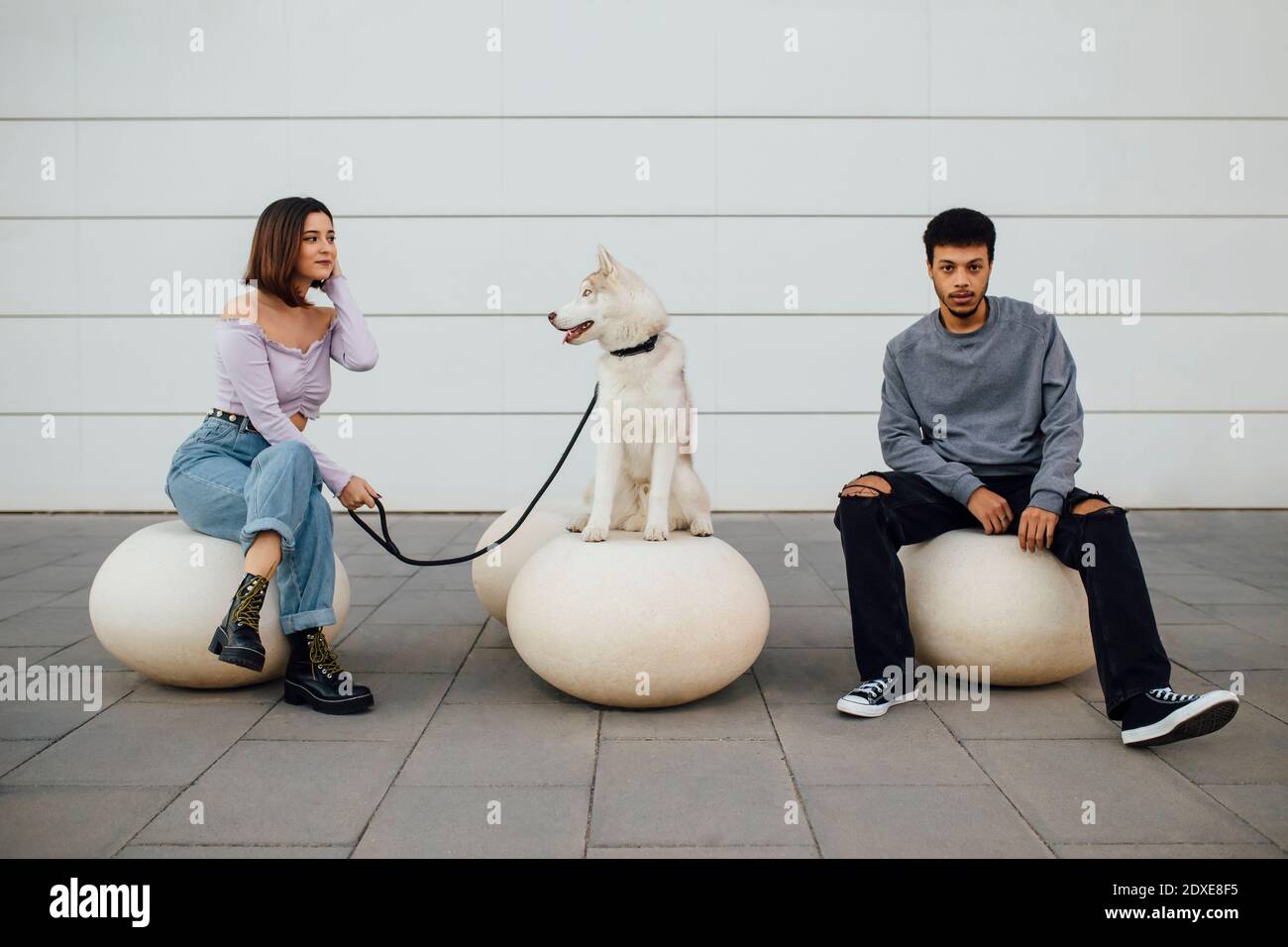 Couple sitting with social distance by dog on white concrete ball ...