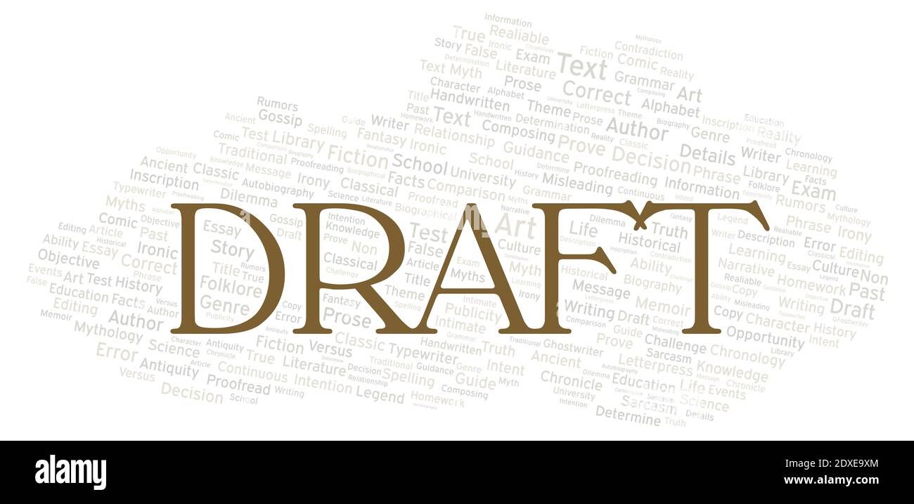 Draft typography word cloud create with text only Stock Photo - Alamy