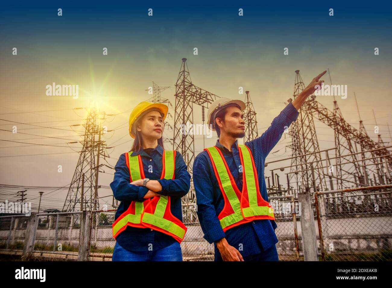 Two Engineer Standing at Work place Power plant Electric Factory plan ...