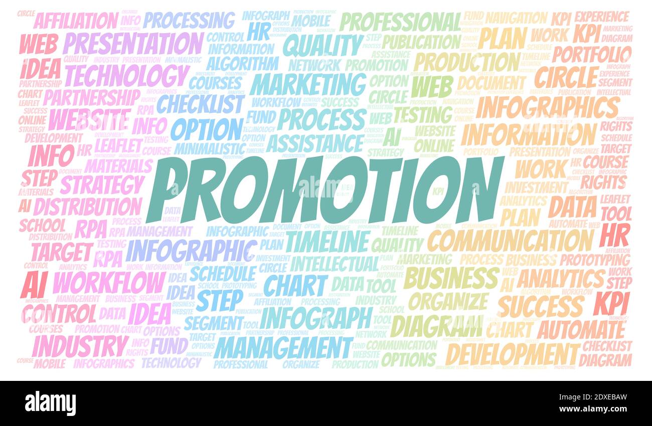 Promotion typography word cloud create with text only Stock Photo - Alamy